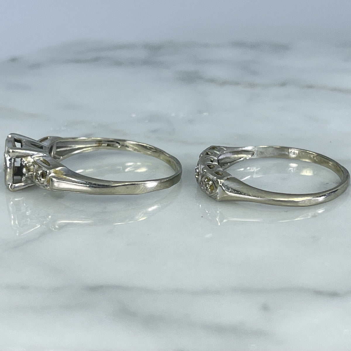 Vintage Diamond Engagement Ring and Wedding Band Bridal Set in 14K White Gold. Affordable Estate Jewelry