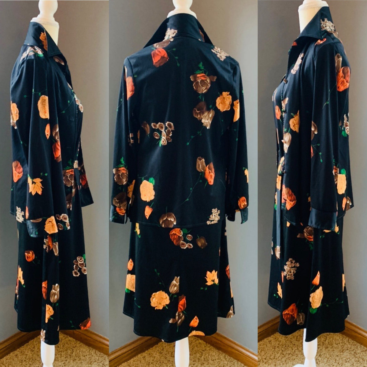 Vintage Black Floral Dress by Edith Flagg California. Dress with Match