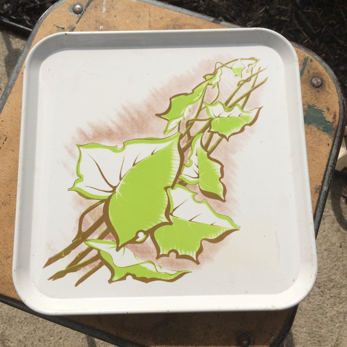 Vintage Metal Tray. Serving Tray with Green Leaf Pattern. Serving Patt